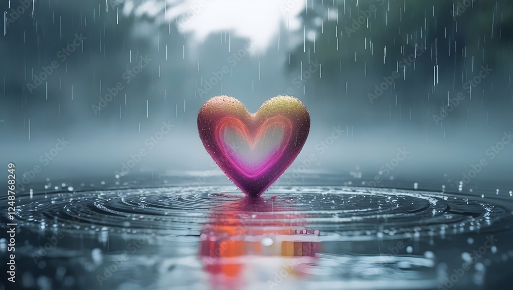 Dramatic Rain-Soaked Love Symbol Fading into Mist as Raindrops Ripple ...
