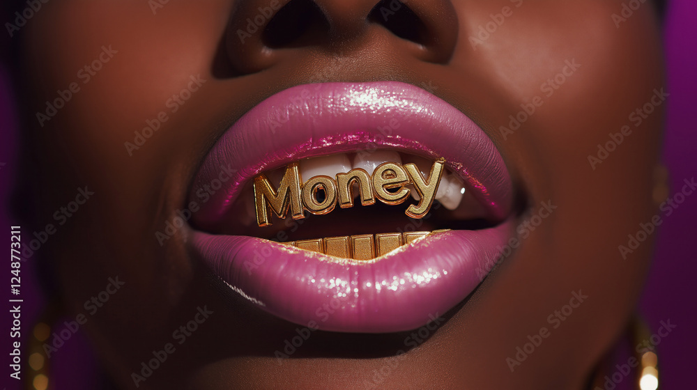 gold text MONEY grill in black woman mouth with pink lips music album ...