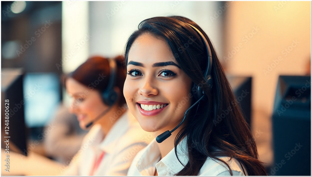 Customer service representative, call center, headset, smiling ...