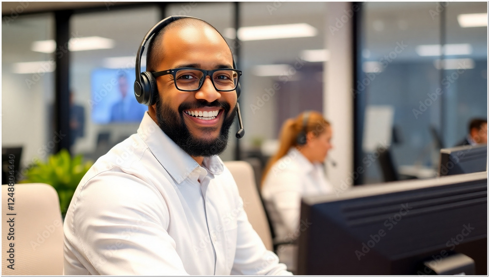 Customer service representative, call center, headset, smiling ...