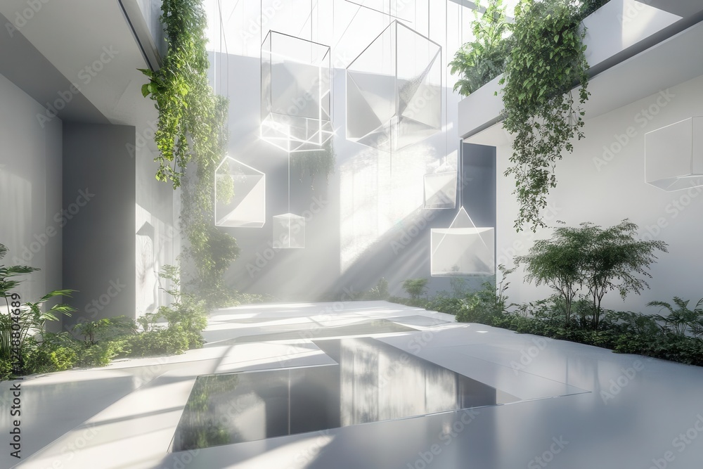 ultramodern office atrium with floating geometric light installations ...