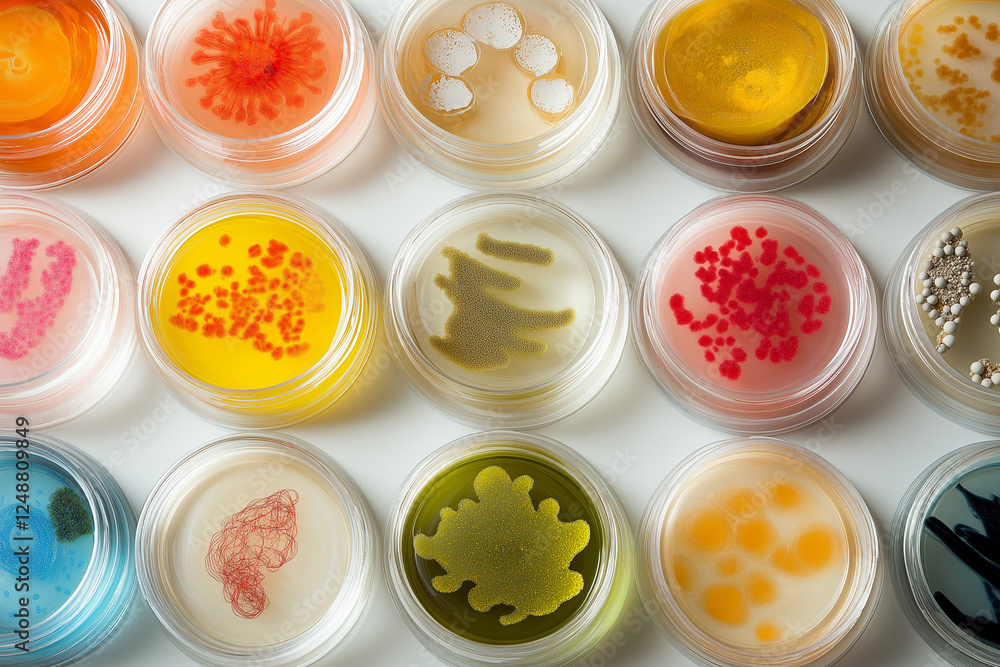 Variety of bacterial colonies and fungal cultures cultivated in ...