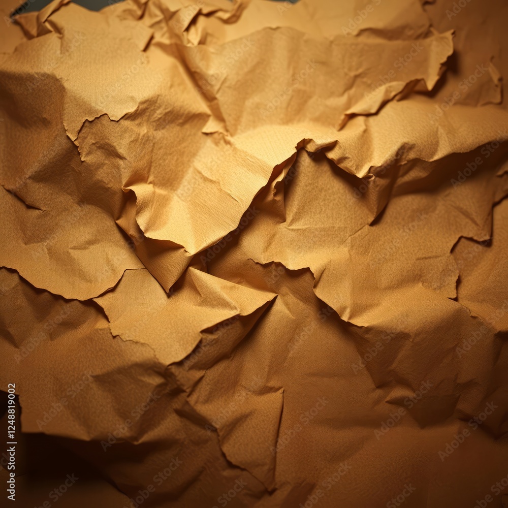 Crinkled brown paper texture showcasing its intricate folds and shadows ...