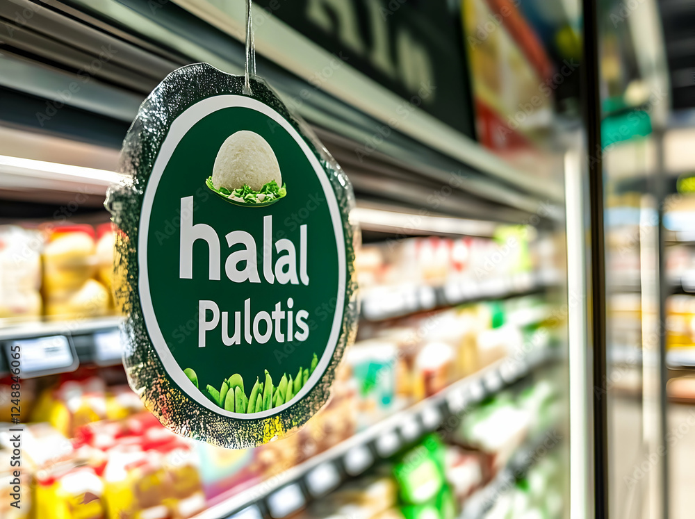 Halal Pulotis signage hanging in a grocery store refrigerated section ...