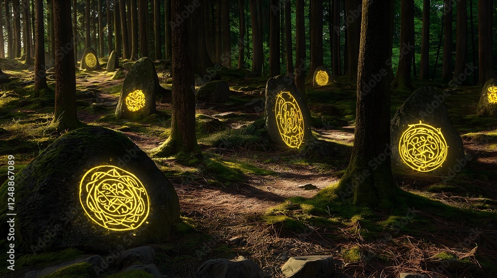 Mysterious glowing magical symbols illuminating mystical forest pathway ...