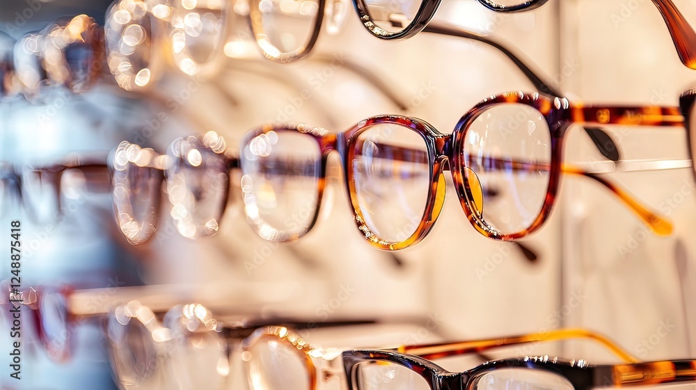 Eyeglasses on display in an optical store. Various styles and colors of ...