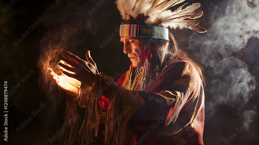 Traditional indigenous spiritual leader performing ceremonial ritual ...
