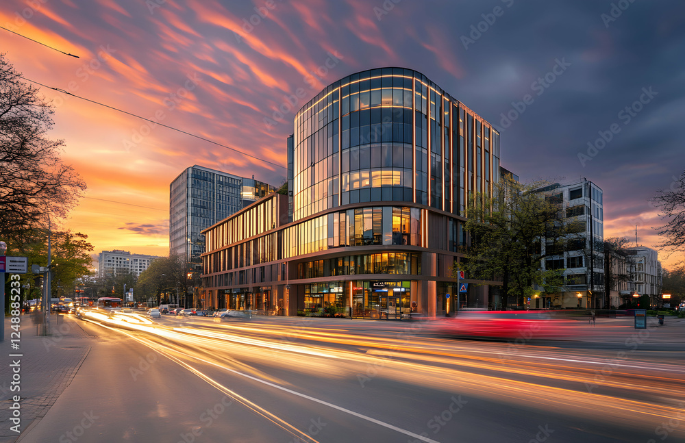 Urban dynamism, A modern building gleams under the painted sky, with ...