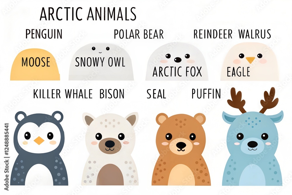 Arctic Animal cartoon on white background with animal name. Penguin ...