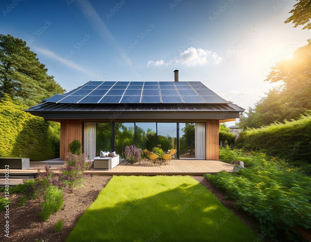Generated image A modern eco-friendly house with large windows, solar ...