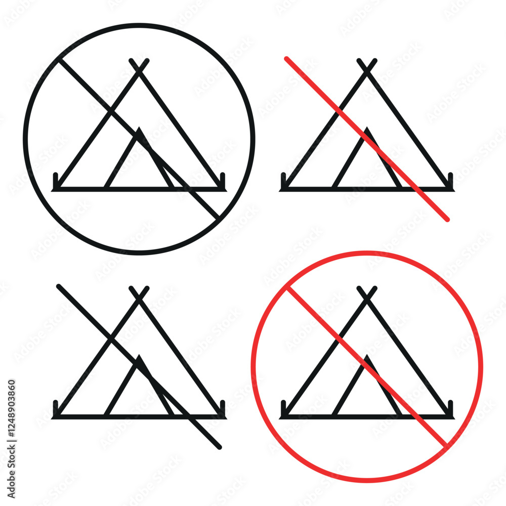 Camping prohibited line icon editable stroke hand drawn vector symbols ...