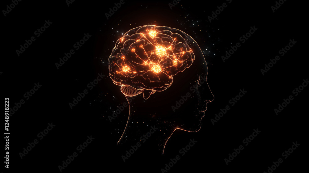 Human head with glowing neurons in brain. Esoteric and meditation ...