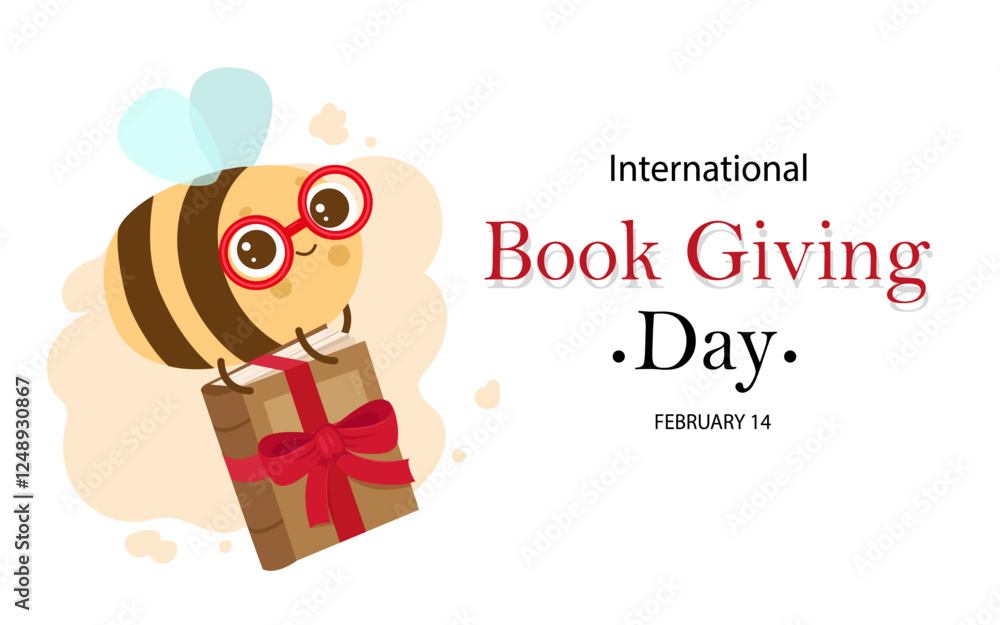 International book giving day card or banner design. Cute cartoon bee ...