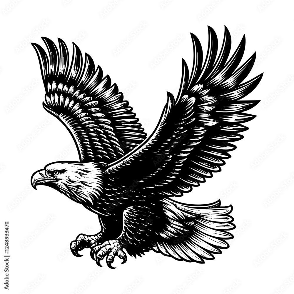 eagle flying in the sky sketch engraving black and white outline ...