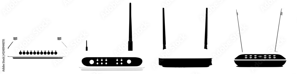 Different models of Wi-Fi routers lined up on a white background ...