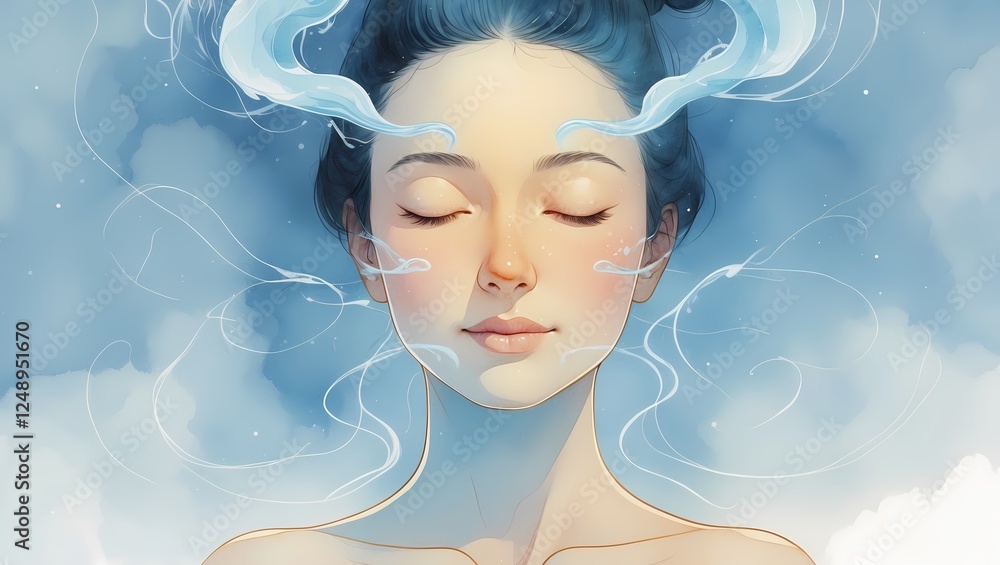 A peaceful person meditates in lotus pose, their skin radiating a ...