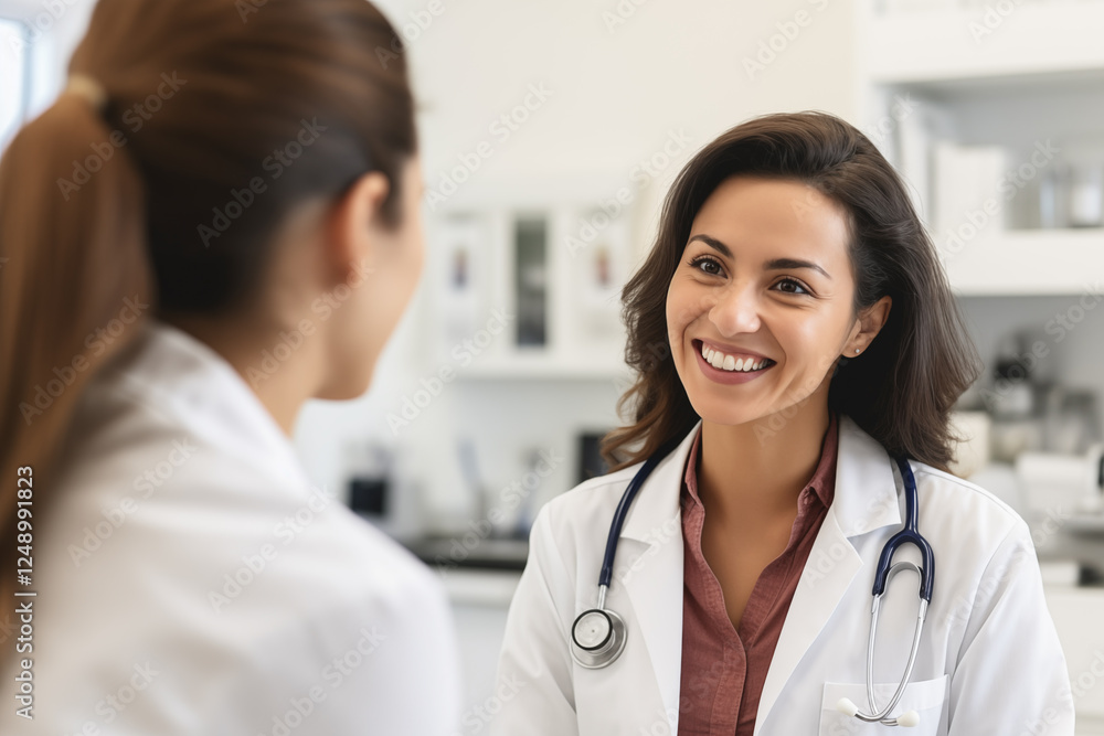 Médico con bata blanca, hablando con pacientes en consultorio ...