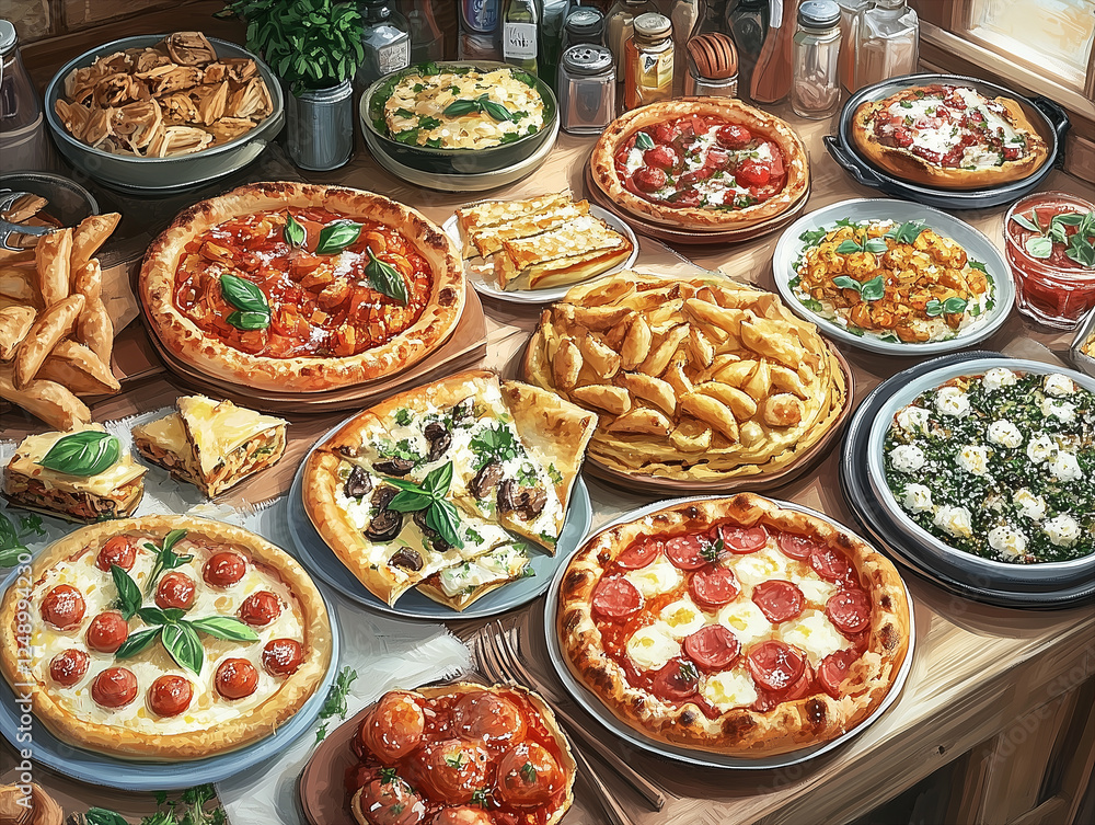 Cartoon food image: an artful depiction of a busy kitchen with prepared ...