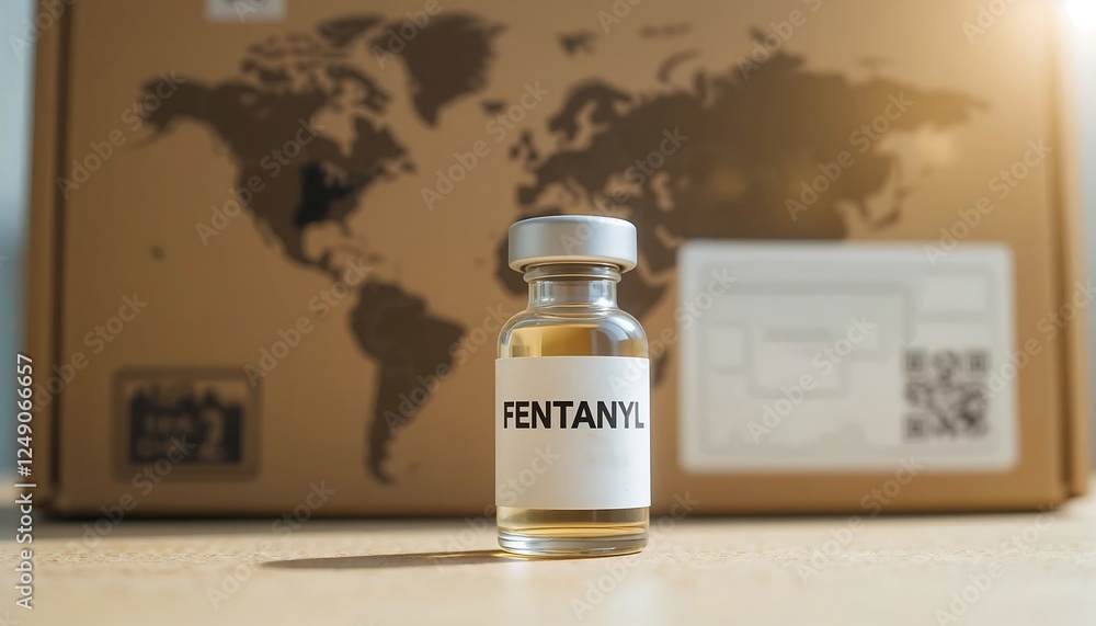 Vial labeled 'Fentanyl' placed in front of a world map, Global drug ...
