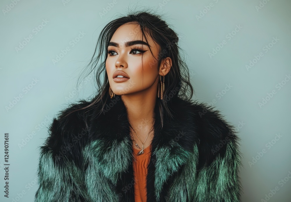 Closeup portrait of a woman with dark hair and a stylish, textured ...