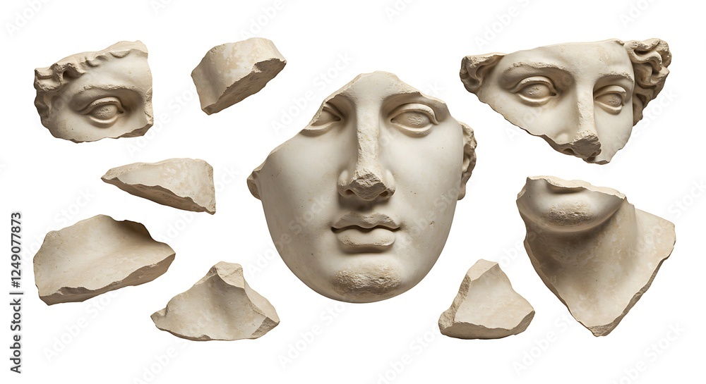 Broken pieces of ancient Greek statue face isolated. Antique sculpture ...