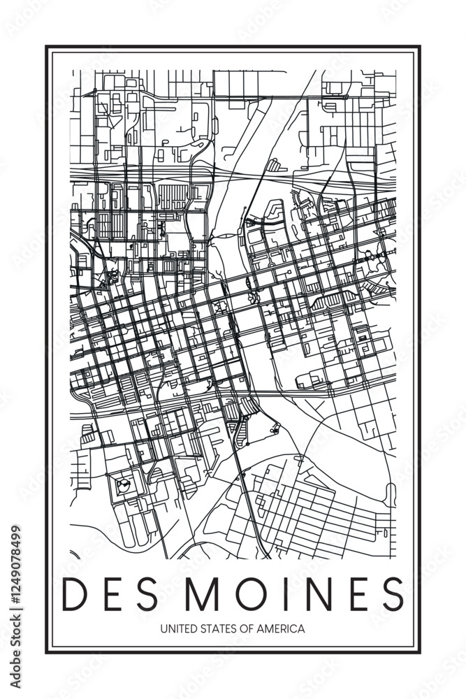 Printable downtown road map poster of the USA city of DES MOINES on ...