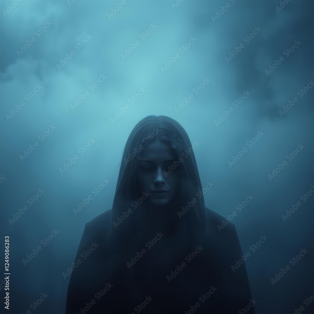 Solitude in silence: mysterious woman shrouded in mist - moody and ...