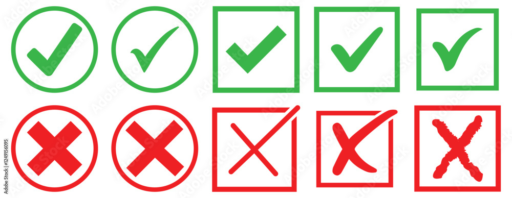 Green check mark icon and red cross icon set. Circle and square. Tick symbol in green color ...