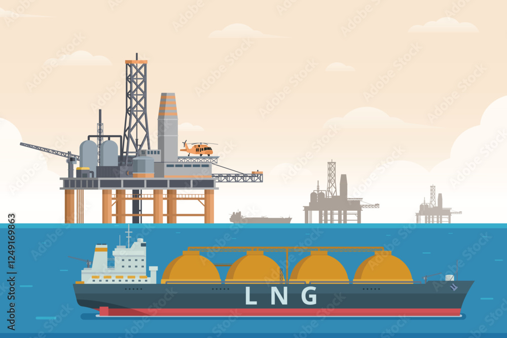 Offshore Oil Rig & Tanker Ship Vector Illustration. Flat Style and ...