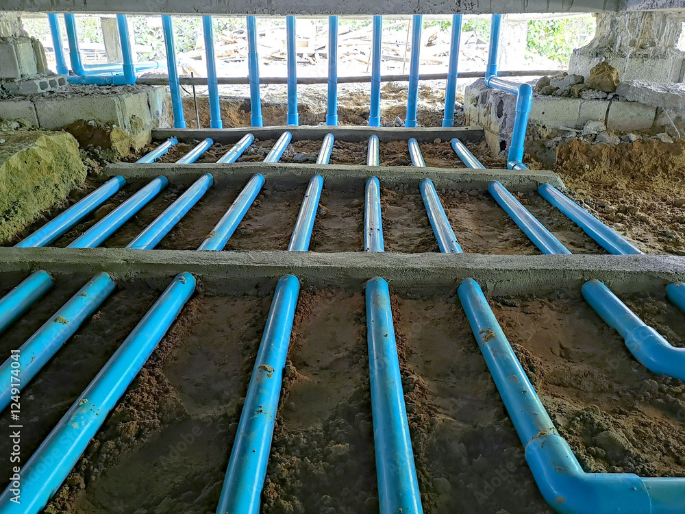 Installation of water pipes in the building. Water pipe system under ...