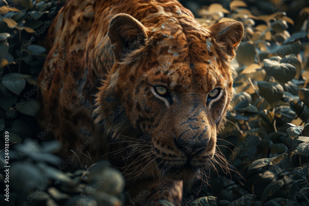 Saber-toothed cat prowling through dense jungle underbrush with a ...
