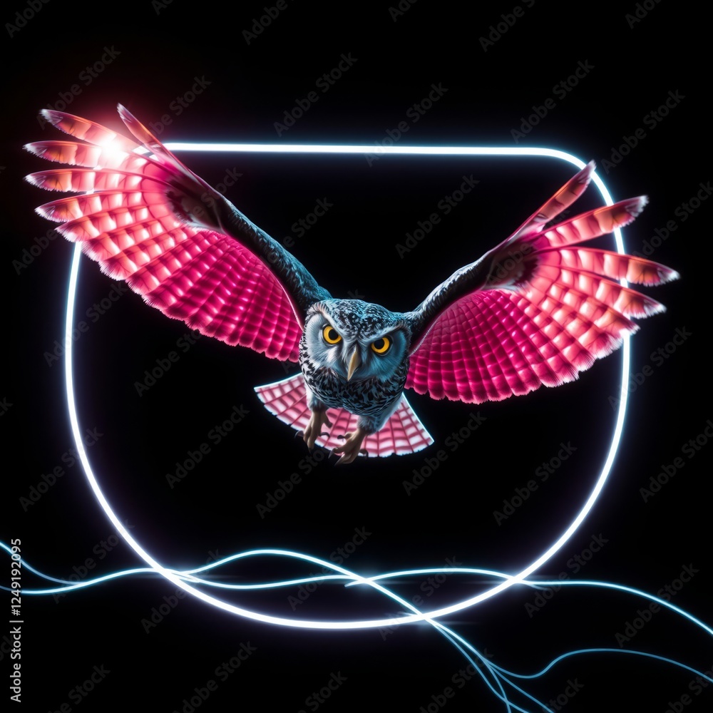 Flying owl animal plexus neon black background digital desktop ...