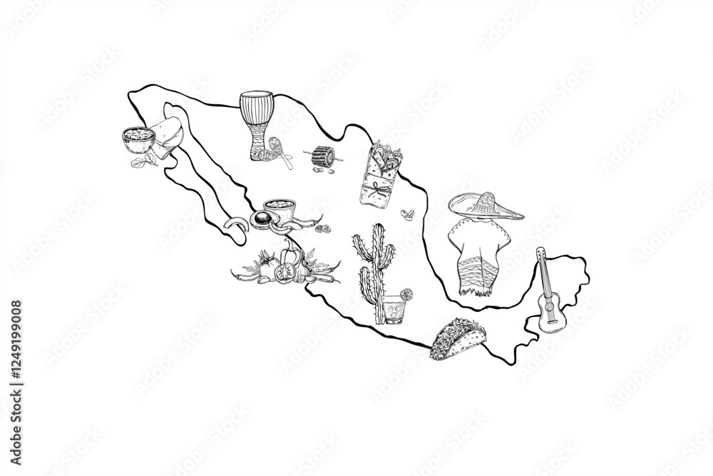 Mexica map silhouette with sights vector monochrome illustration painted by black inks. Mexican ...