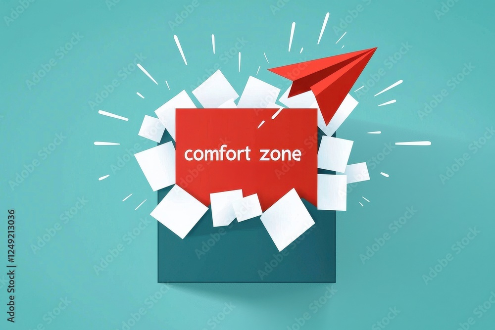 Challenge and change. A paper airplane breaking out of a box labeled ...