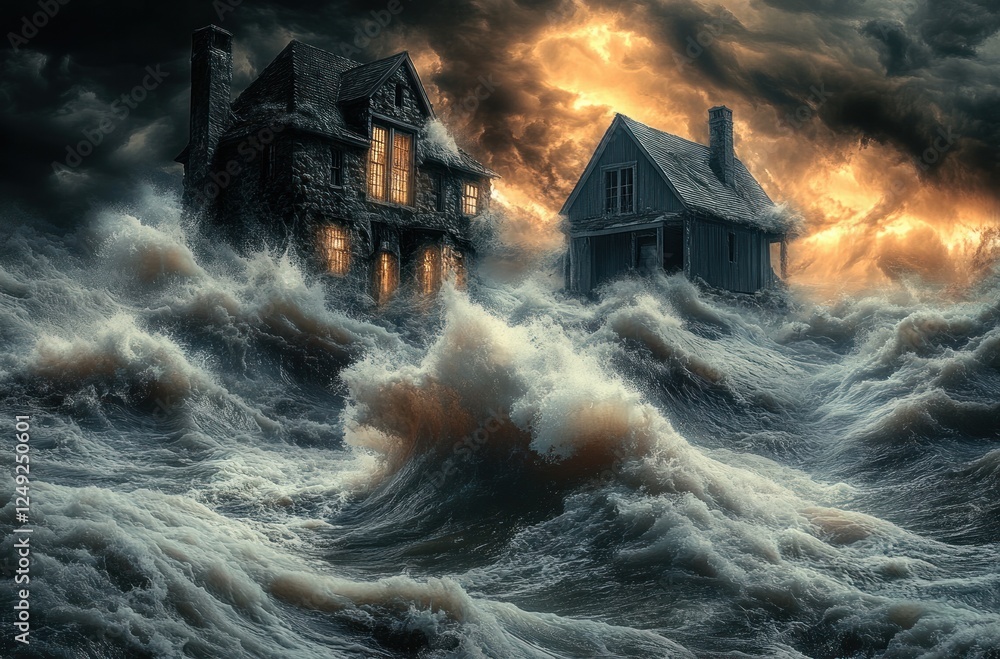 The Wise and Foolish Builders Parable Depicting Houses on Sand and Rock ...