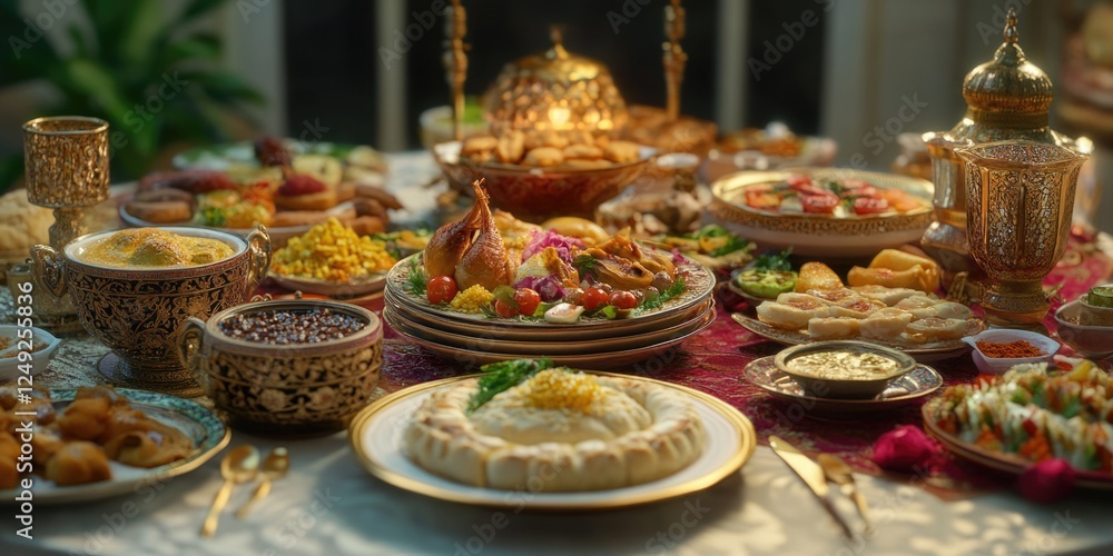 An array of dishes from various cuisines displayed on a table for ...