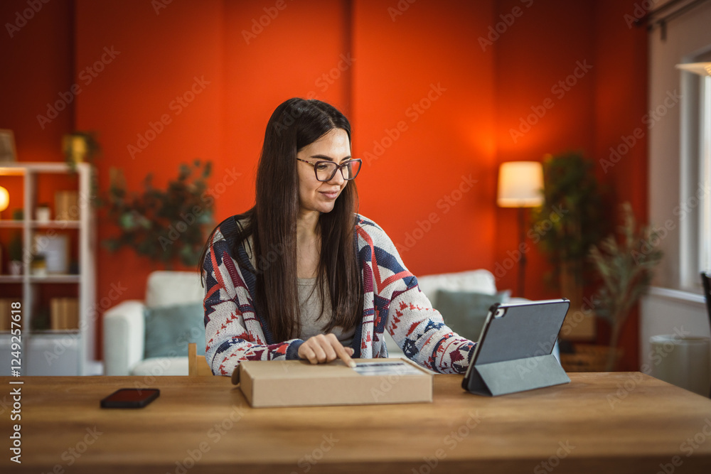 woman hold card box package and use tablet to check shipment status ...