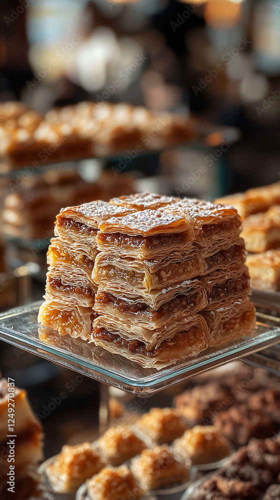 close up of flaky layered phyllo pastries stacked high on a glass ...