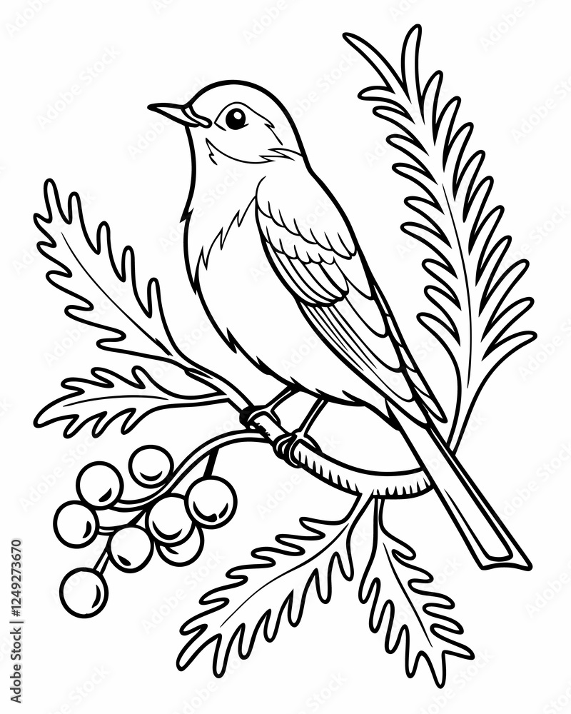 Winter mood coloring page. Coloring book with bird sitting on holly ...