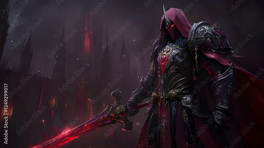 Dark gothic fantasy figure with glowing sword in front of ominous ...