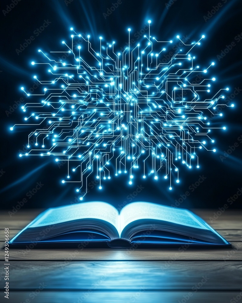 Information knowledge retrieval. An open book emits a radiant burst of ...
