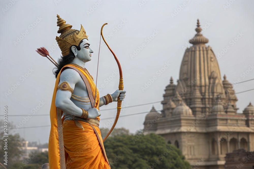 Lord Rama with bow arrow on Indian city background. Ram Navami ...