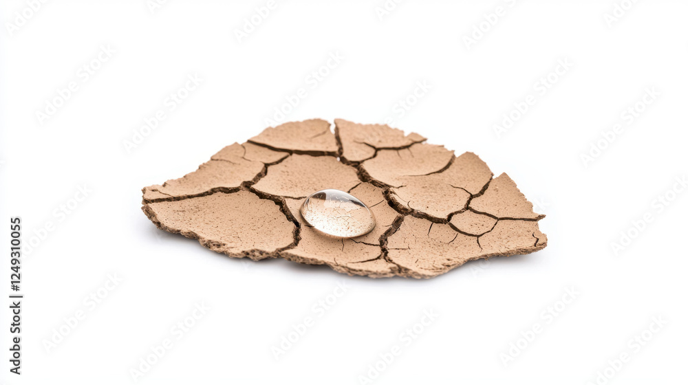 World Water Day clean crisis. Dried riverbed with single water droplet ...