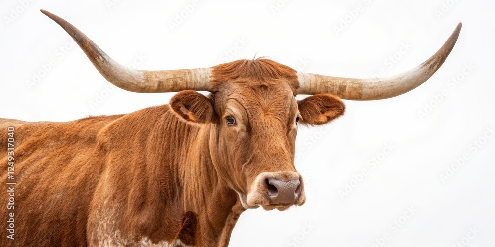 Texas Longhorn Bull Close-up Portrait, Isolated White Background ...