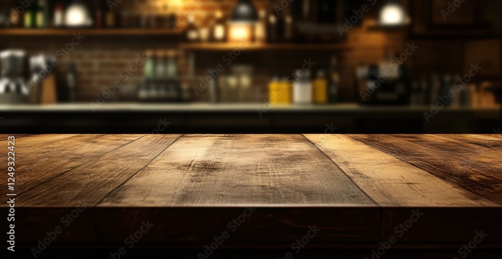 Empty wooden bar top, dimly lit bar background, restaurant scene Stock ...