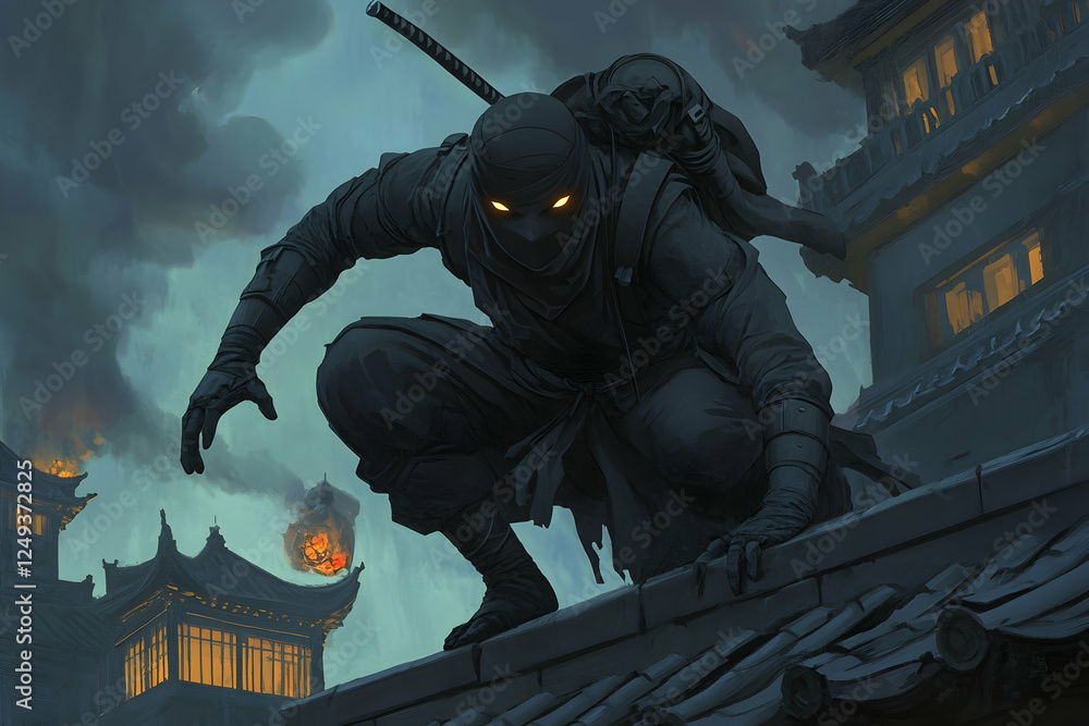 Ninja crouching on rooftop, nighttime city backdrop, fire, stealth action, game art Stock ...