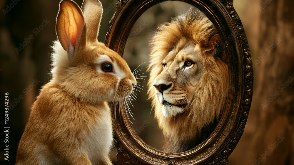 Rabbit Reflecting Lion: A whimsical image showcasing a curious rabbit ...