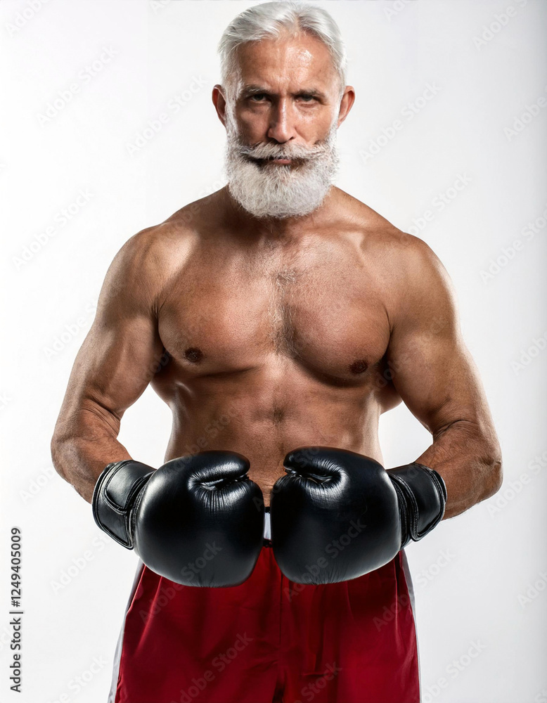 Fit senior man with white beard and muscular physique poses shirtless ...