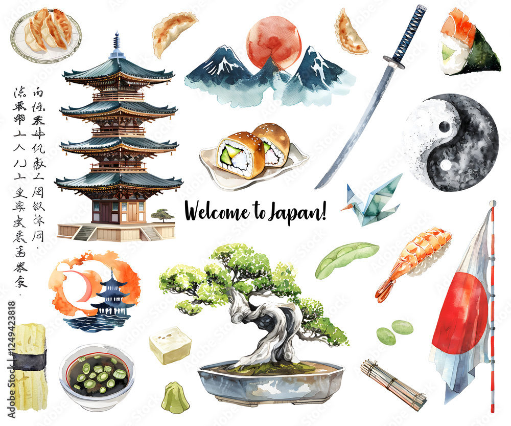 Watercolor Japan symbols. Set with Japanese elements. Welcome to Tokyo ...