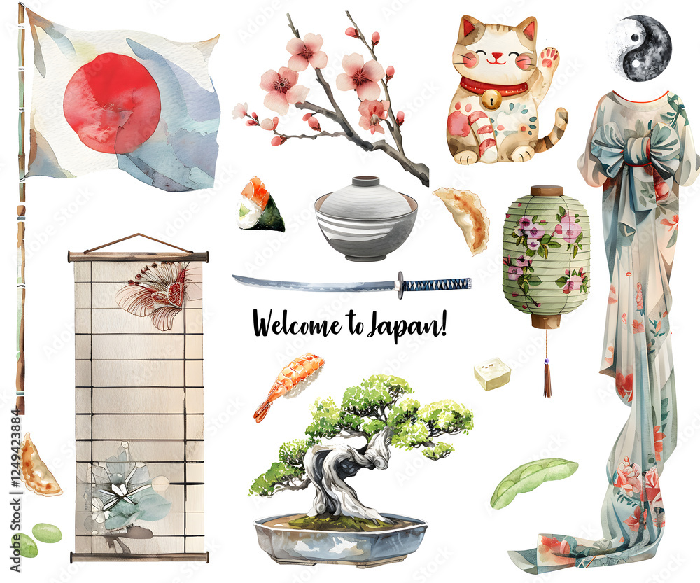 Watercolor Japan symbols. Set with Japanese elements. Welcome to Tokyo ...